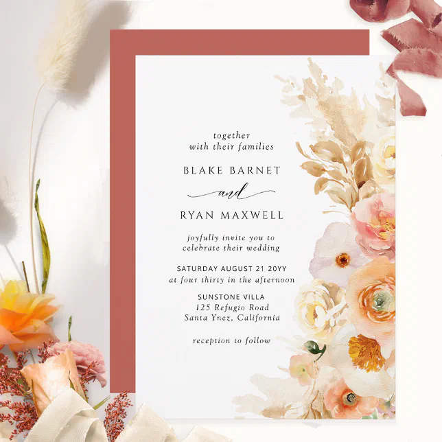 Elegant, Simple Peach Blush Cream and Rust Wedding Invitation | Zazzle