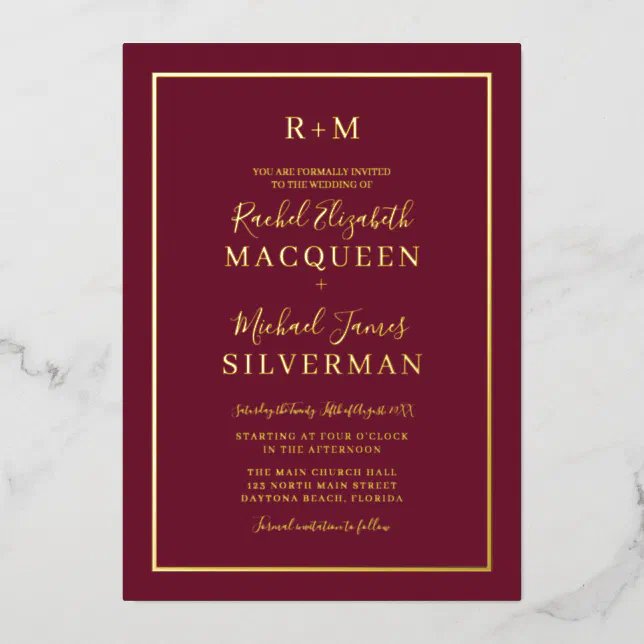Elegant Simple Real Gold Border Burgundy Wedding Foil Invitation | Zazzle