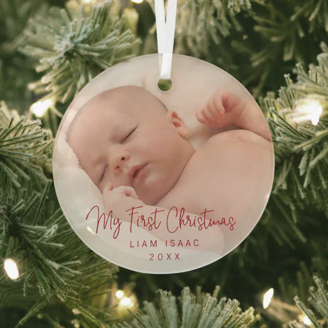 Elegant Simple Red Baby Photo My First Christmas Glass Ornament | Zazzle
