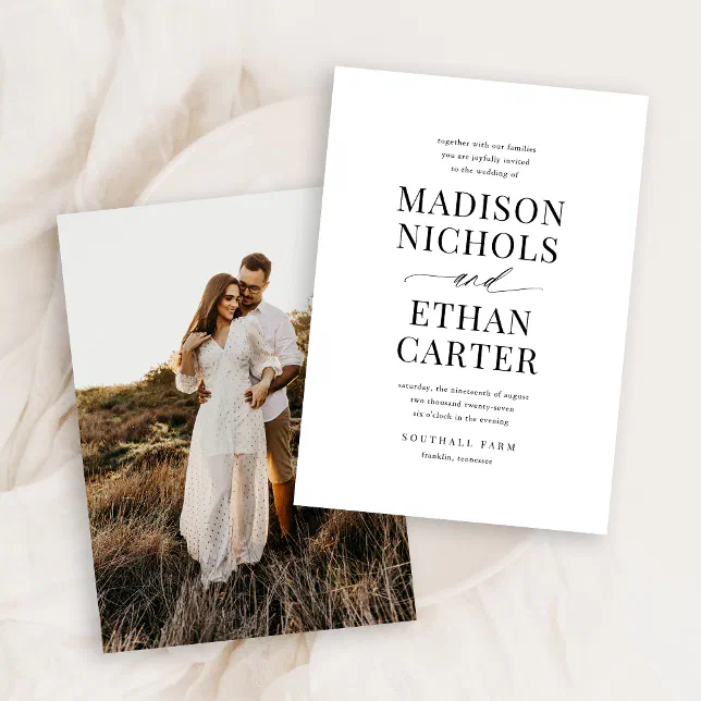 Elegant Simple Script Photo Budget Wedding Invitation | Zazzle