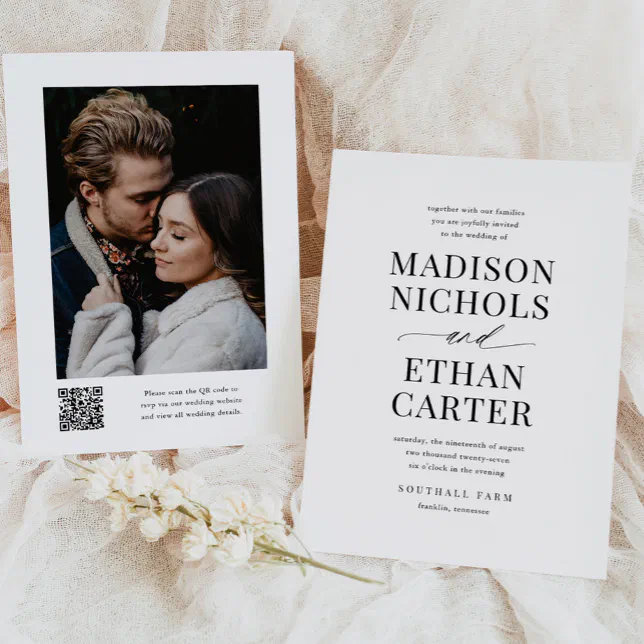 Elegant Simple Script QR Code Photo Wedding Invitation | Zazzle