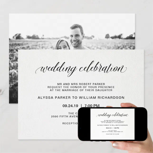 Elegant Simple Typography | Photo on Back Wedding Invitation | Zazzle