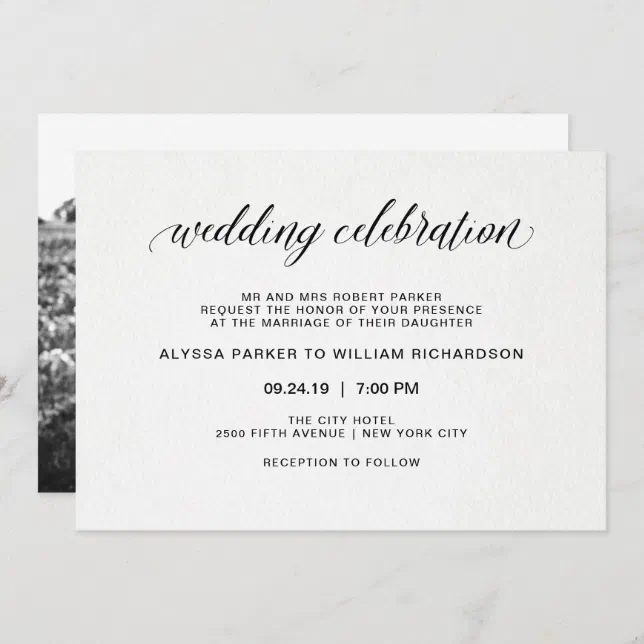 Elegant Simple Typography | Photo on Back Wedding Invitation | Zazzle