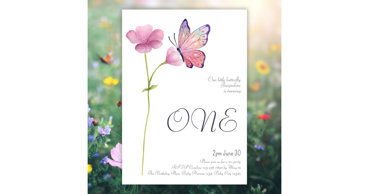 Elegant Simple Watercolor Butterfly 1st Birthday Invitation | Zazzle