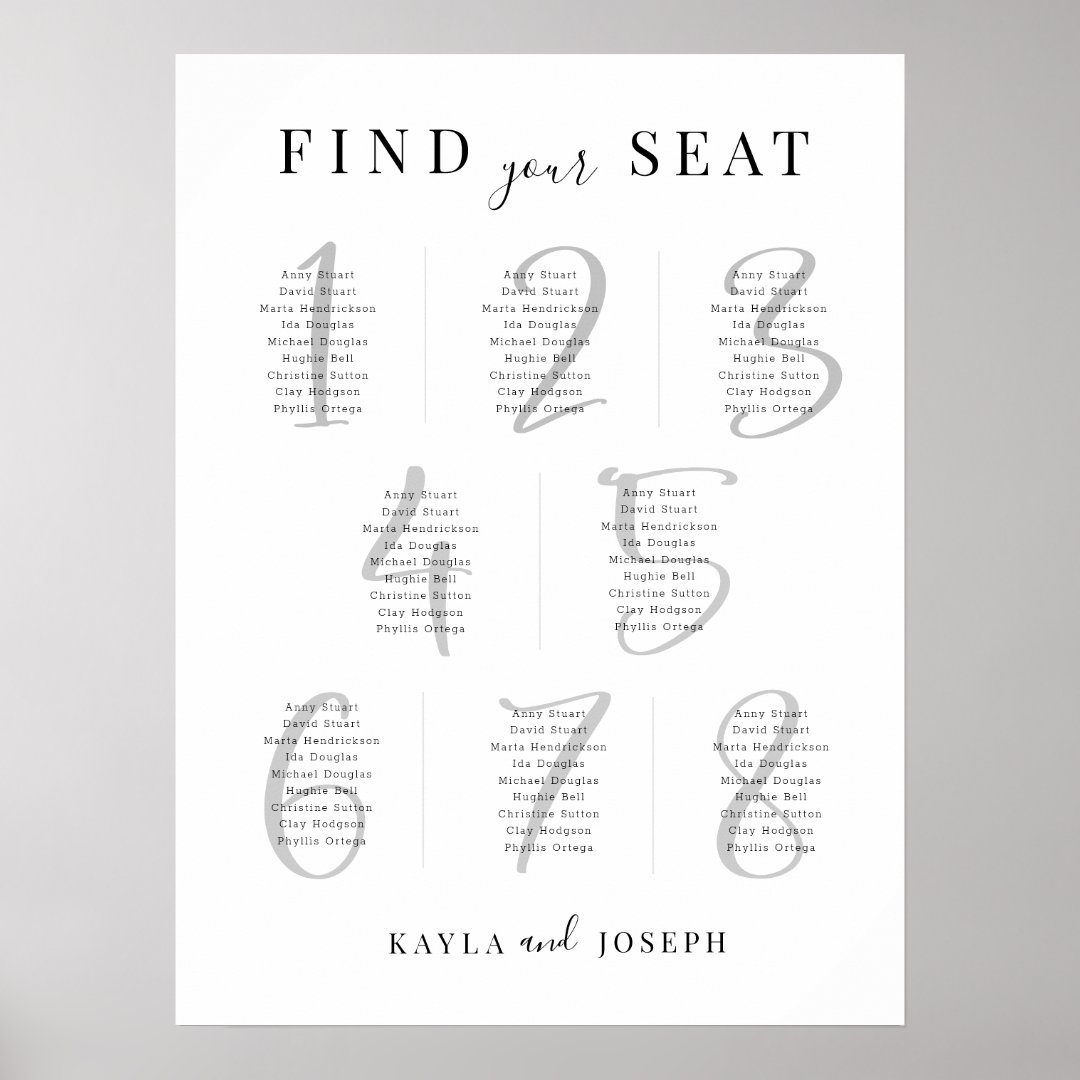 Elegant Simple Wedding 8 Table Seating Chart Sign | Zazzle