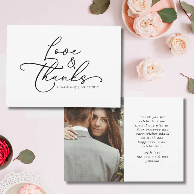 Elegant Simple Wedding Love and Thanks Photo Thank You Card | Zazzle