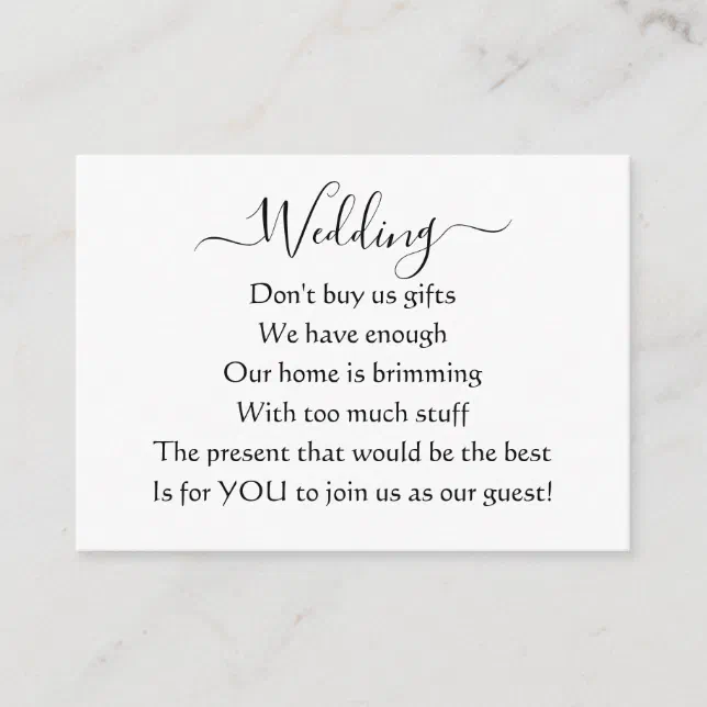 Elegant Simple Wedding No Gifts Poem Enclosure Card | Zazzle