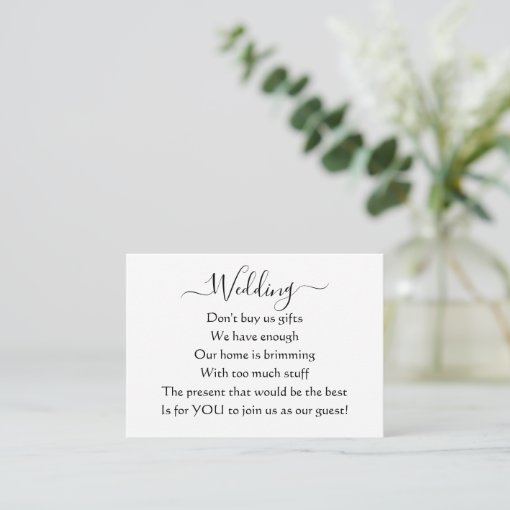 Elegant Simple Wedding No Gifts Poem Enclosure Card | Zazzle