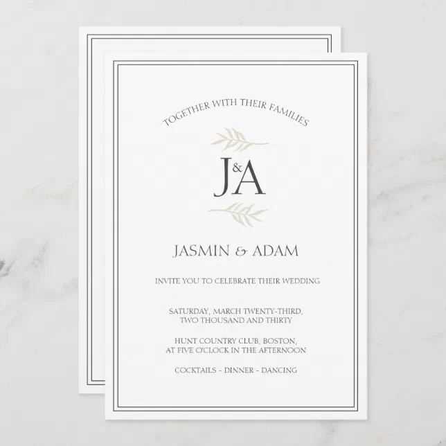 Elegant Simple White Classic Initials Wedding Invitation | Zazzle