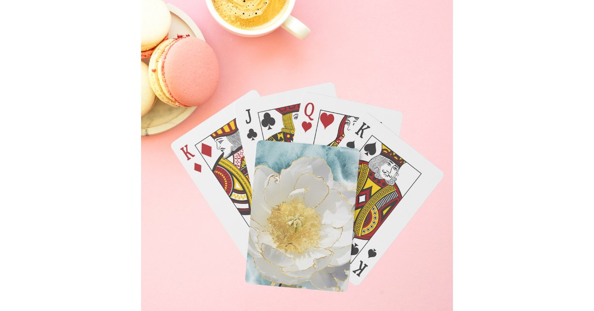 Elegant Simple White Flower Luxury Gold Watercolor Poker Cards | Zazzle