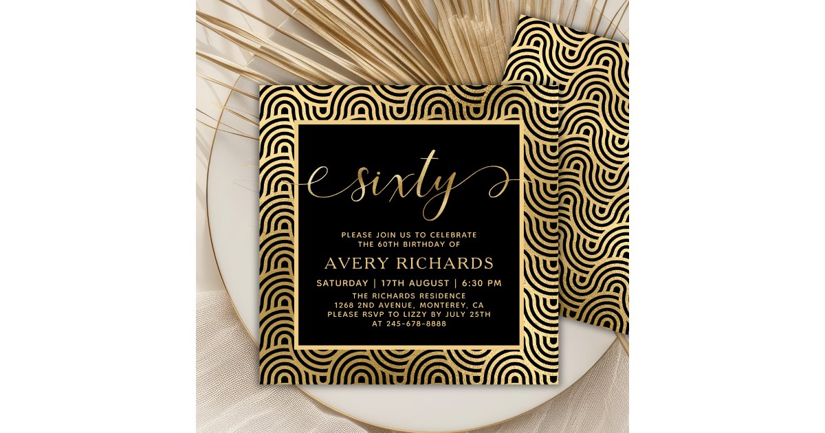 Elegant Sixty Script Black and Gold 60th Birthday Invitation | Zazzle