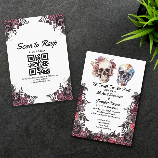 elegant skeletons floral halloween wedding qr code invitation | Zazzle