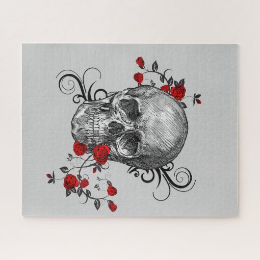 Elegant Sketch of Black Skull, Red Roses & Swirls Jigsaw Puzzle | Zazzle
