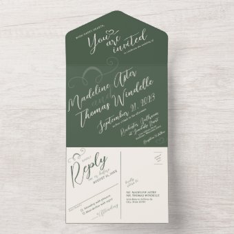 Elegant Slant Script Dark Moss Green Wedding All In One Invitation | Zazzle