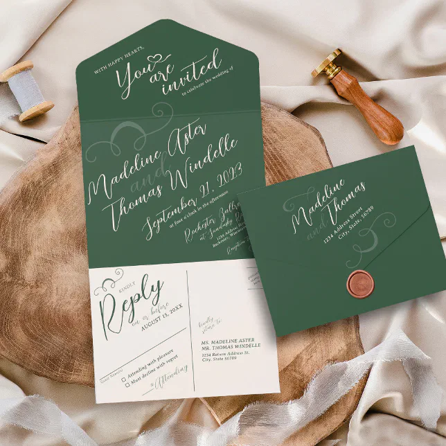 Elegant Slant Script Dark Moss Green Wedding All In One Invitation | Zazzle