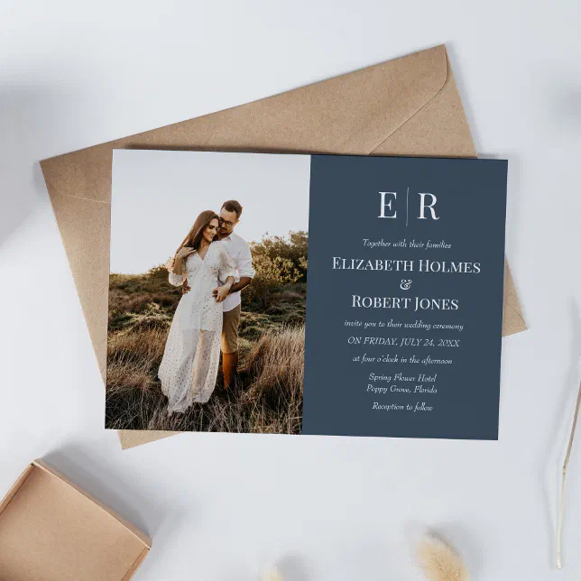 Elegant Slate Blue Monogram Custom Photo Wedding Invitation | Zazzle