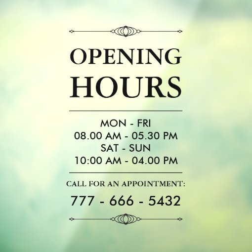 Elegant Small Business Opening Hours & Number Window Cling | Zazzle