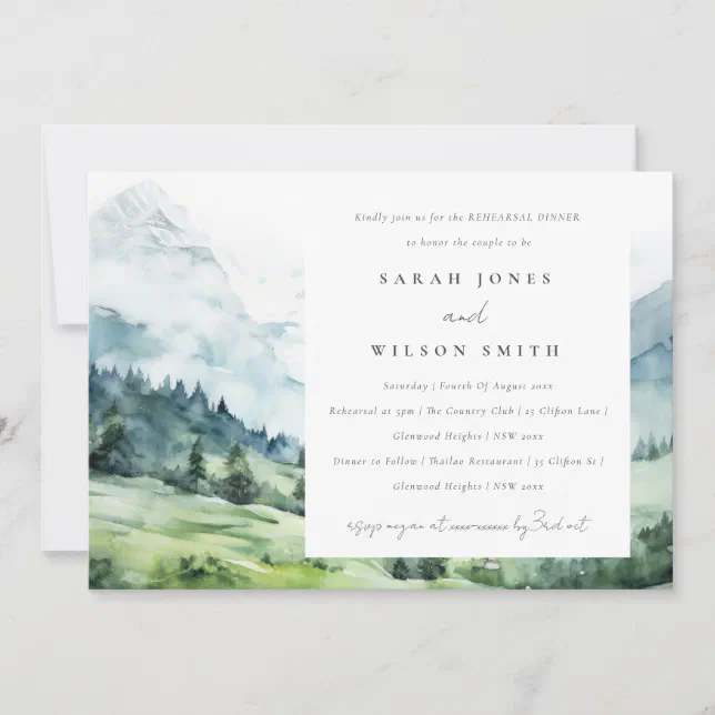 Elegant Snow Mountain Landscape Rehearsal Dinner Invitation | Zazzle