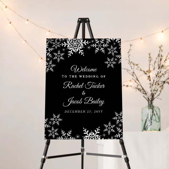 Elegant Snowflakes Black Winter Wedding Welcome Foam Board | Zazzle