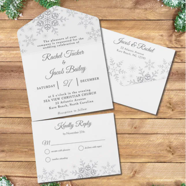 Elegant Snowflakes Christmas Winter Wedding All In One Invitation | Zazzle