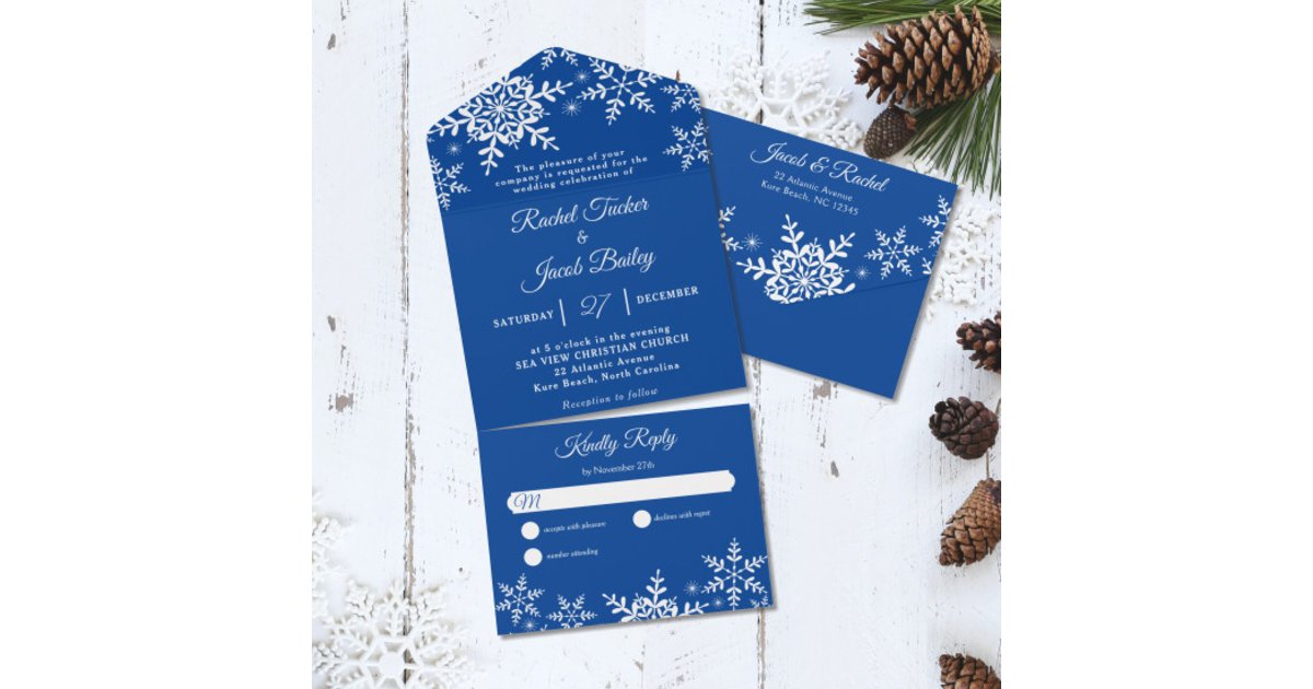 Elegant Snowflakes Deep Blue Winter Wedding All In One Invitation | Zazzle
