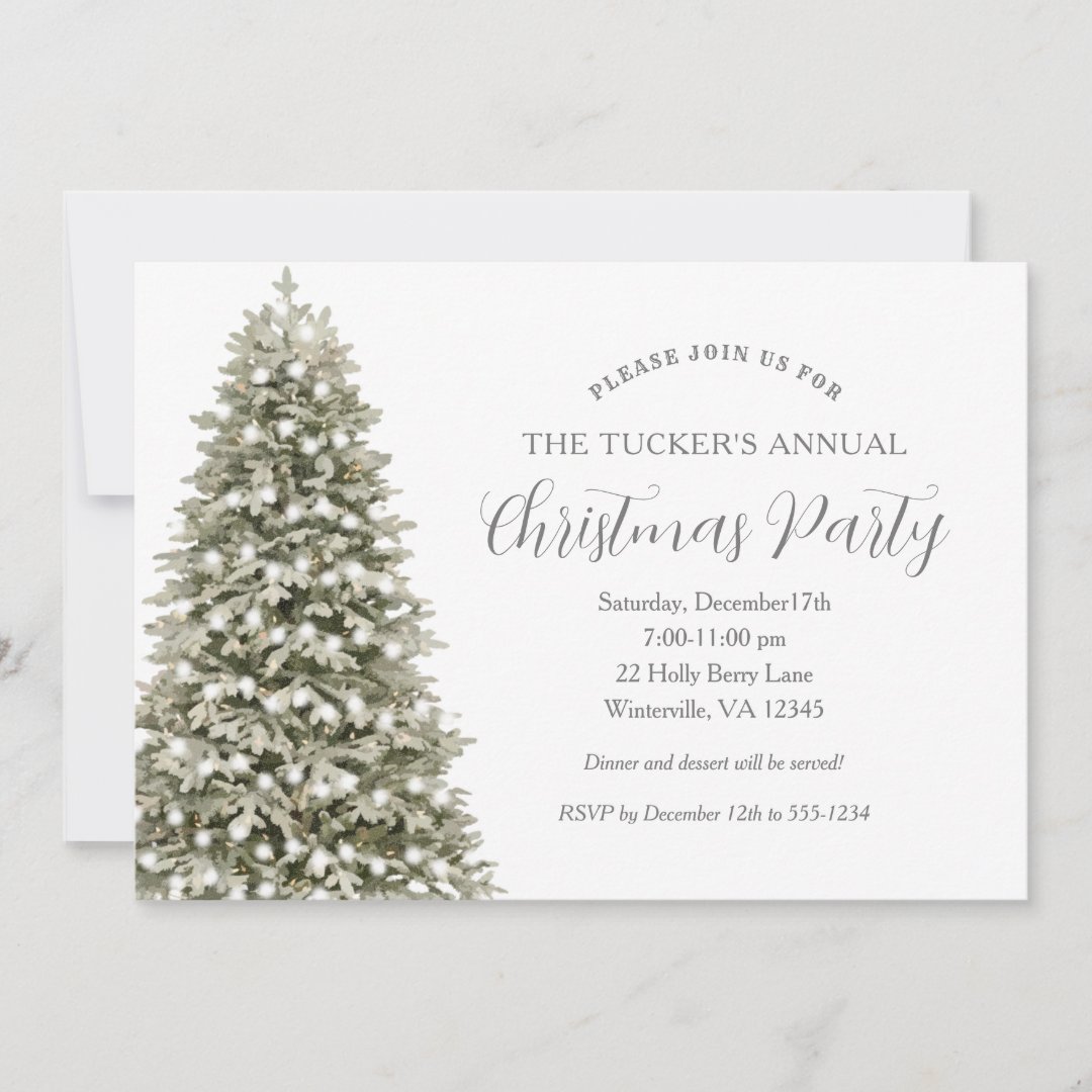 Elegant Snowy Christmas Tree Christmas Party Invitation | Zazzle