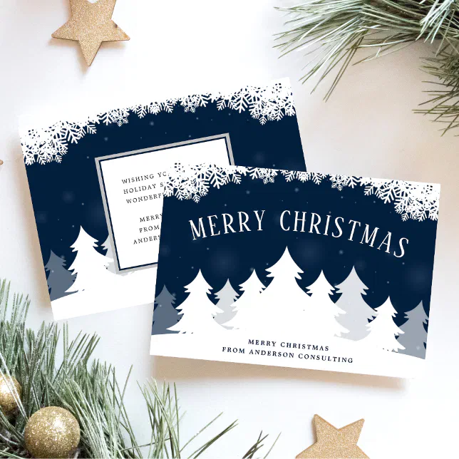 Elegant Snowy Trees Christmas Corporate Business Holiday Card | Zazzle
