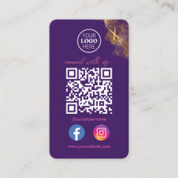 Elegant Social Media Purple QR Code Gold Scissors Business Card | Zazzle