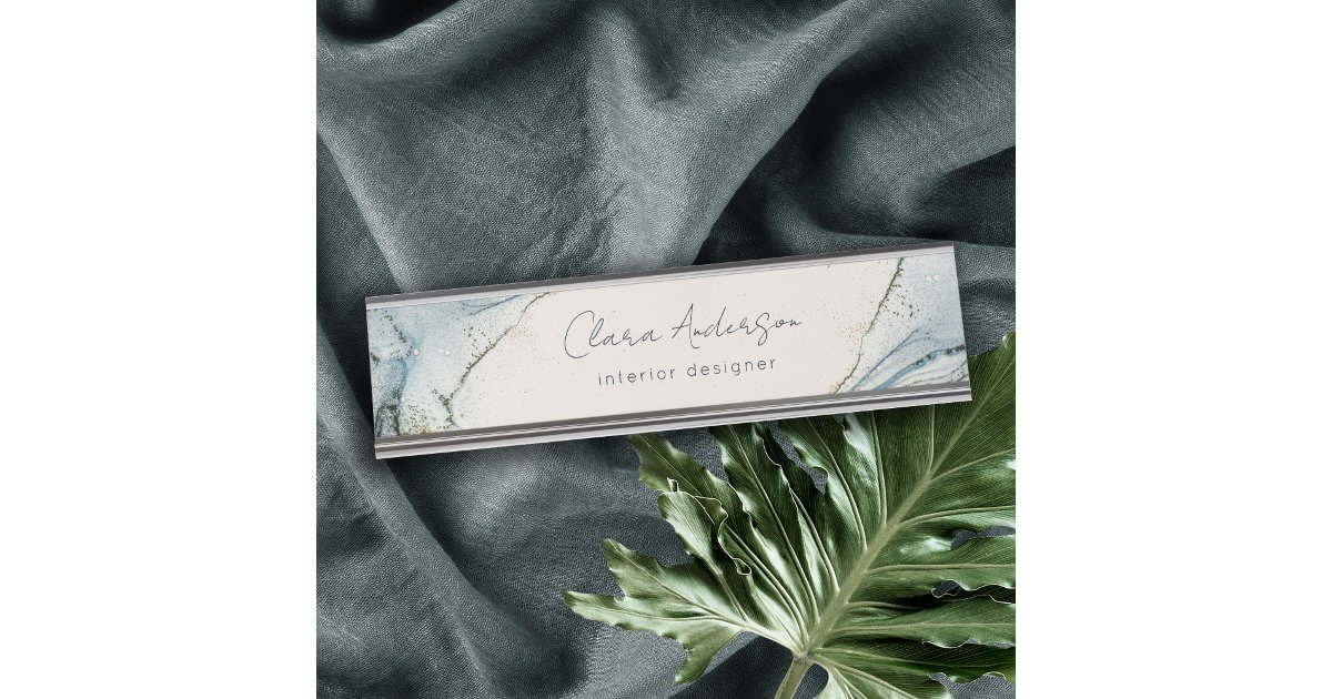 Elegant Soft Abstract Watercolor Blue Gold Beachy Desk Name Plate | Zazzle