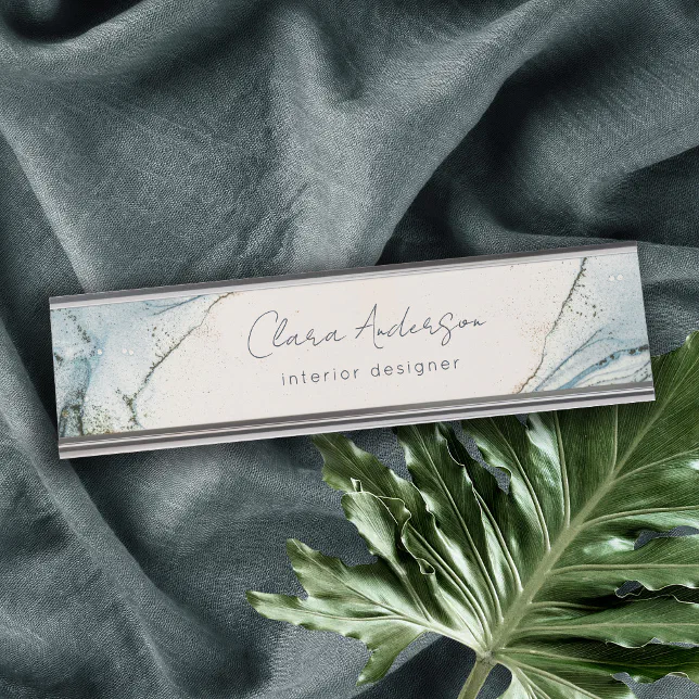 Elegant Soft Abstract Watercolor Blue Gold Beachy Desk Name Plate | Zazzle