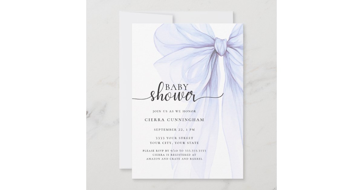 Elegant Soft Blue Bow Baby Shower Invitation | Zazzle