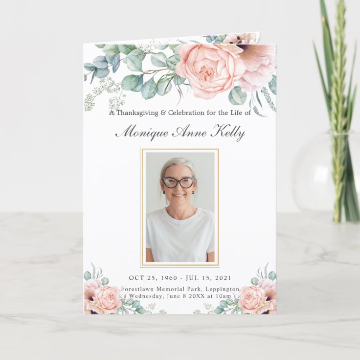 Elegant Soft Blush Pink Roses Floral Photo Funeral Program | Zazzle