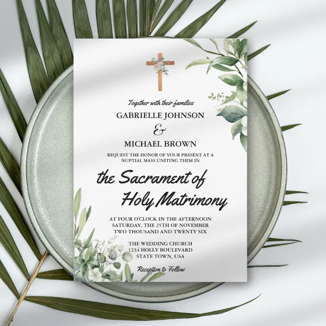 Elegant Soft Green Floral Nuptial Mass White Invitation | Zazzle