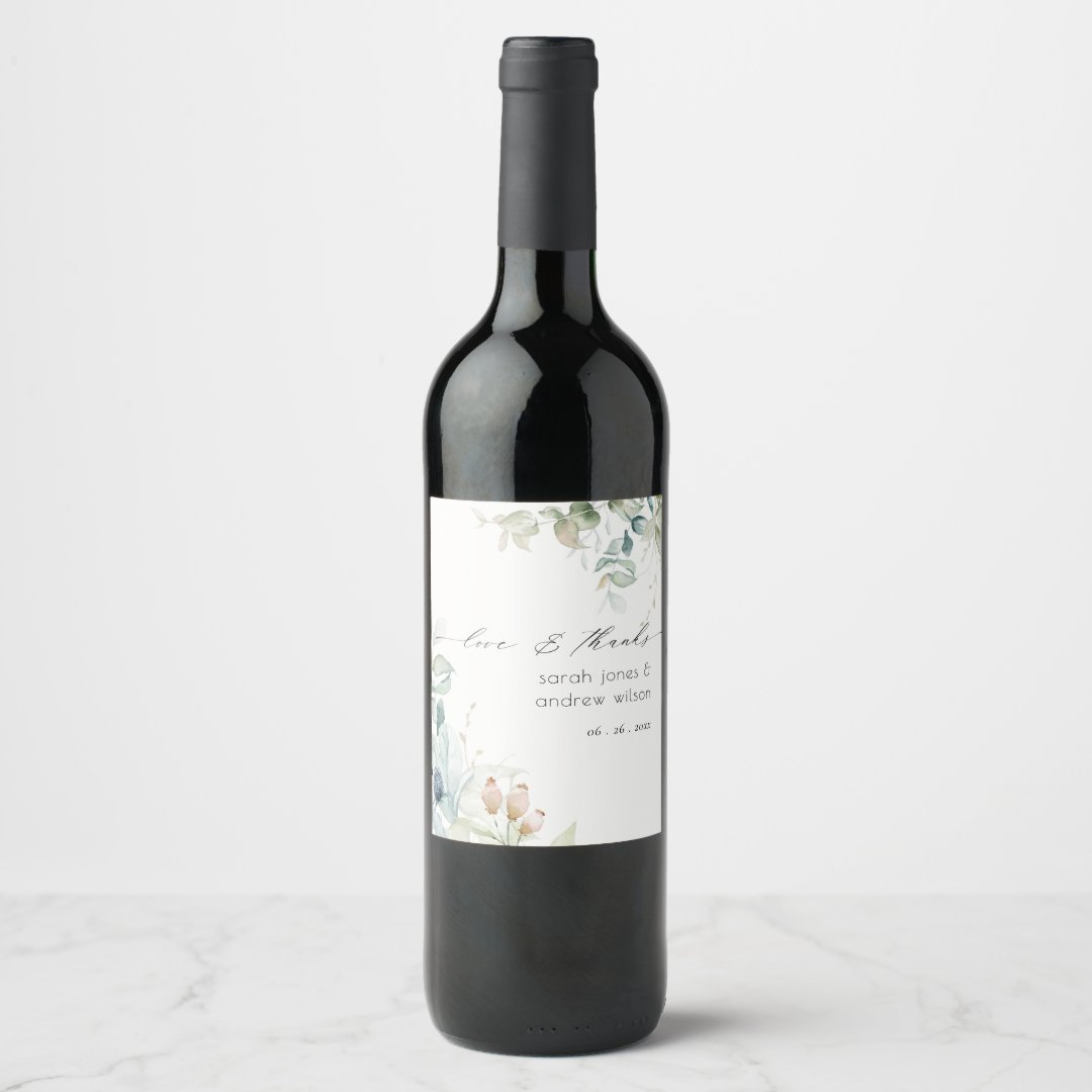 Elegant Soft Pastel Blue Green Foliage Wedding Wine Label | Zazzle