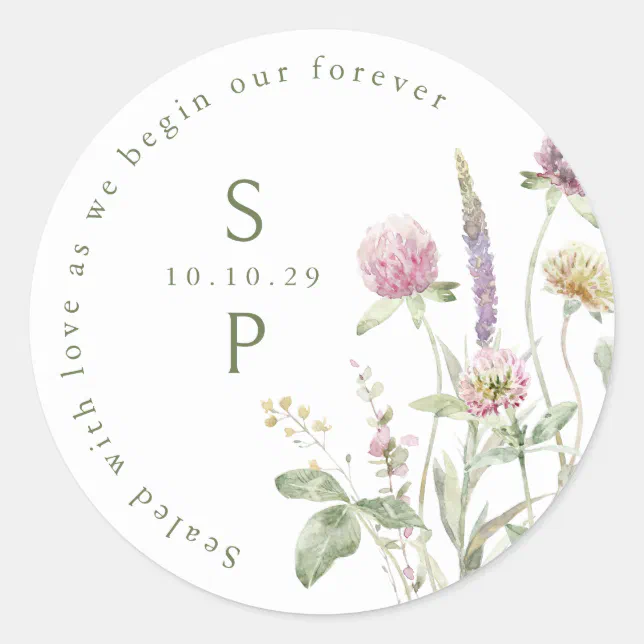 Elegant Soft Pastel Wildflower Botanical Wedding Classic Round Sticker ...