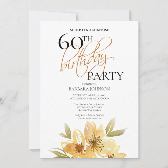 Elegant Soft Yellow Floral Surprise 60th Birthday Invitation | Zazzle
