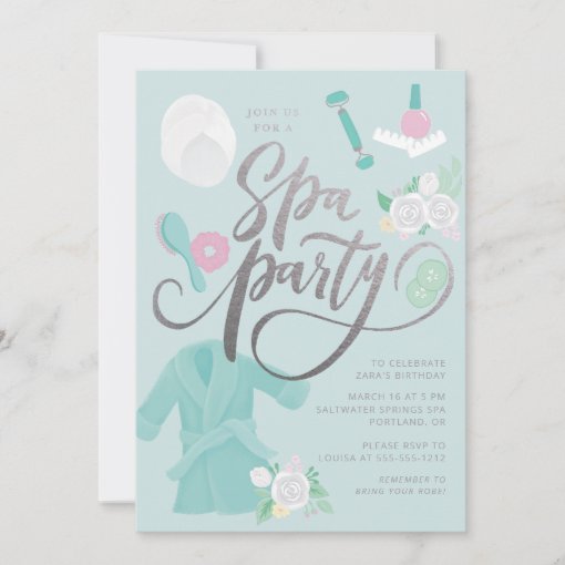 Elegant Spa Party Invitation Blue w/faux silver | Zazzle