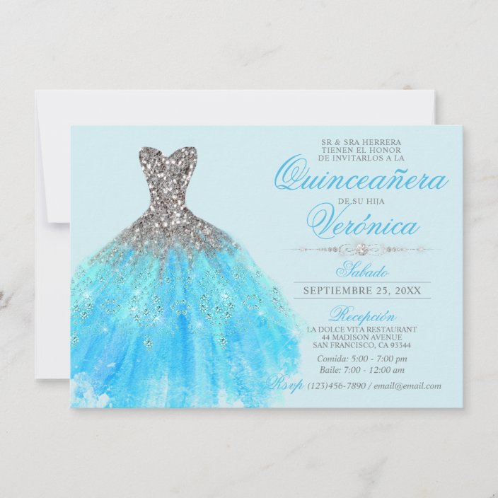 Elegant Spanish Quinceañera Mis Quince Blue Invitation | Zazzle.com