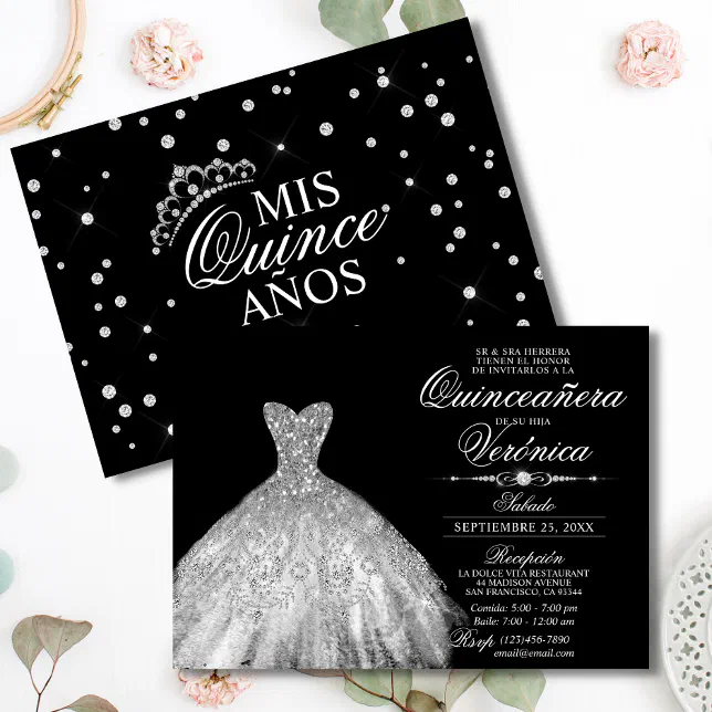 Elegant Spanish Quinceañera Mis Quince Silver Invitation | Zazzle