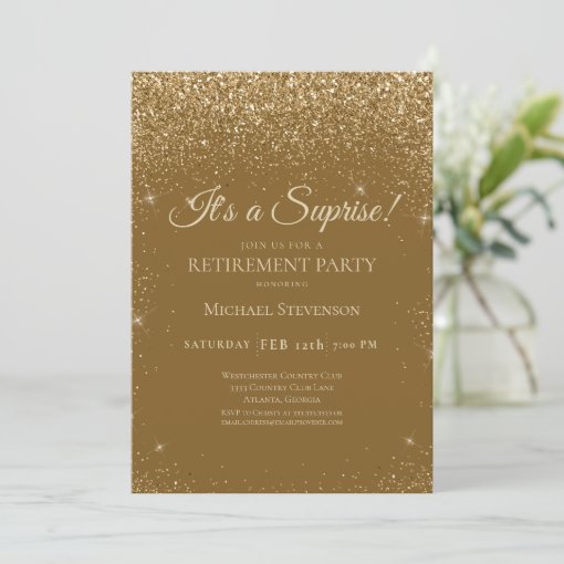 Elegant Sparkle Gold Surprise Retirement Party Invitation | Zazzle