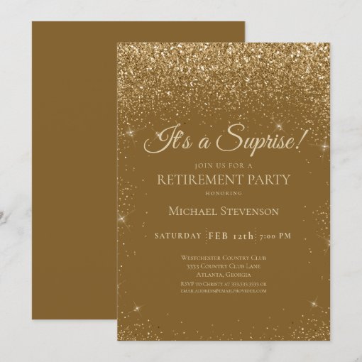Elegant Sparkle Gold Surprise Retirement Party Invitation | Zazzle