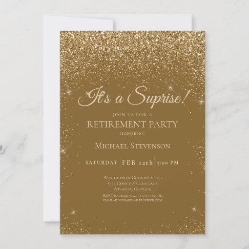Elegant Sparkle Gold Surprise Retirement Party Invitation | Zazzle