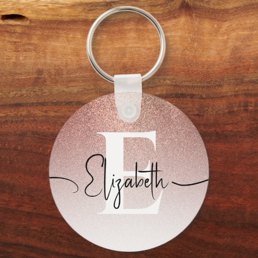 Elegant Sparkle Rose Gold Glitter White Monogram Keychain | Zazzle
