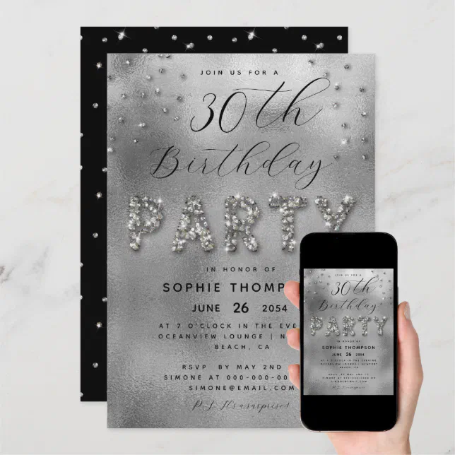 Elegant Sparkles Glitter Silver Birthday Party Invitation | Zazzle