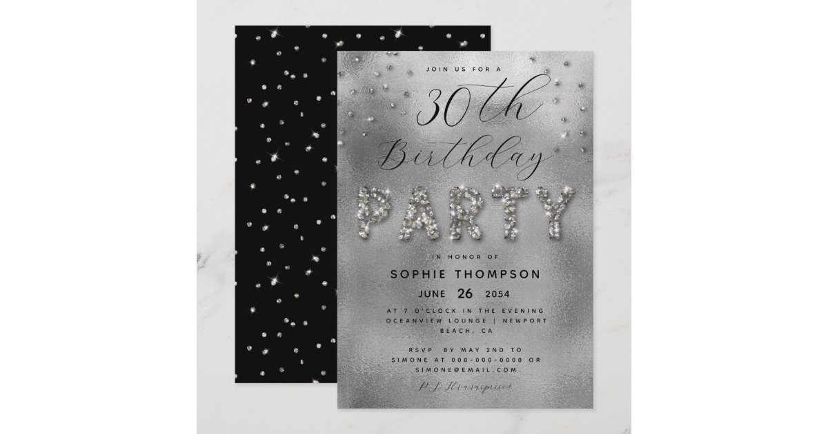 Elegant Sparkles Glitter Silver Birthday Party Invitation | Zazzle