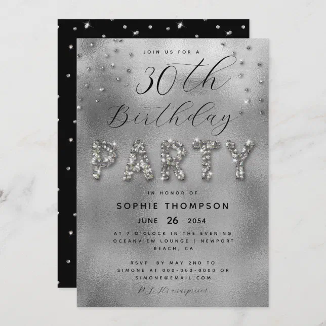 Elegant Sparkles Glitter Silver Birthday Party Invitation | Zazzle