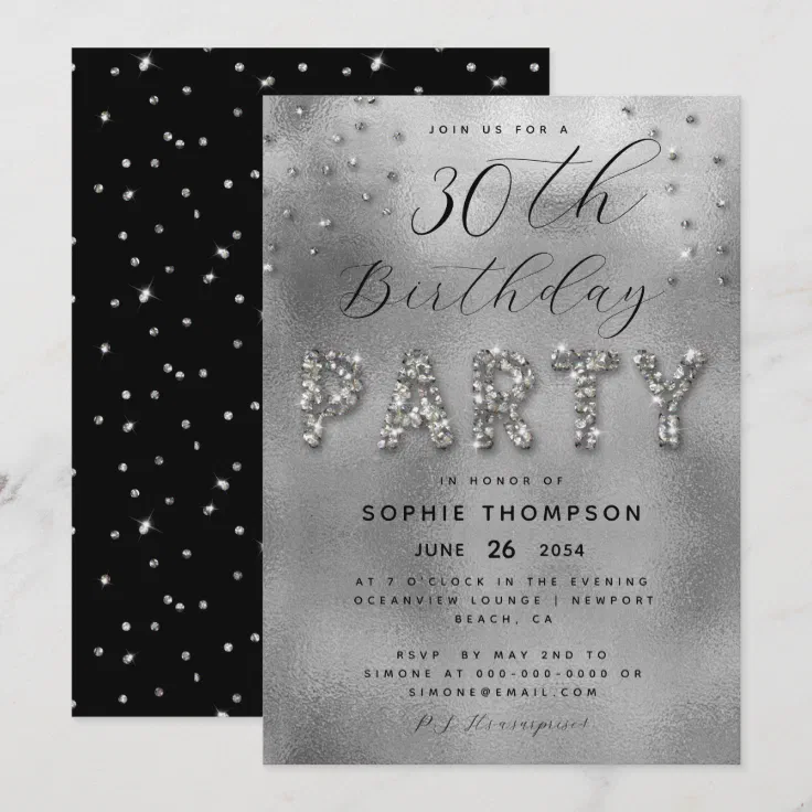 Elegant Sparkles Glitter Silver Birthday Party Invitation | Zazzle