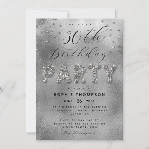 Elegant Sparkles Glitter Silver Birthday Party Invitation | Zazzle