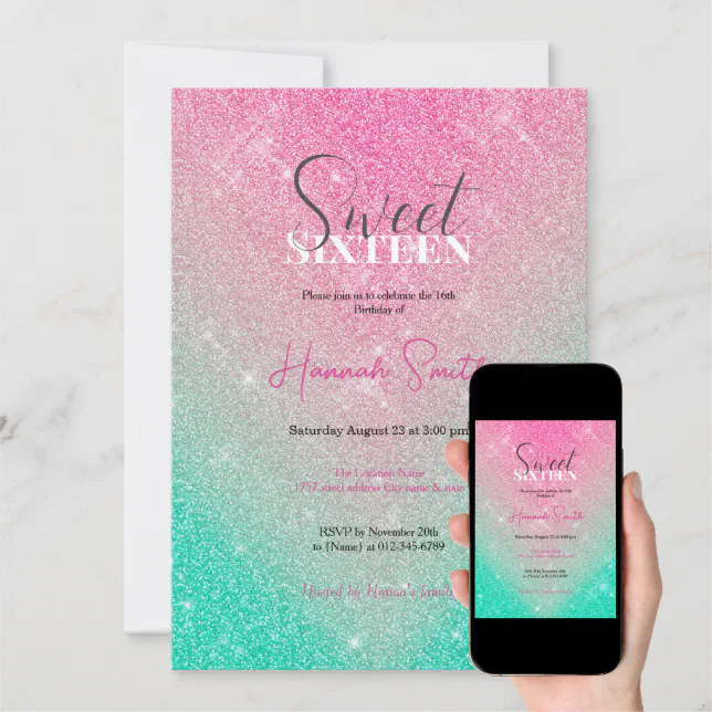 Elegant Sparkling Glitter Pink Mint Gradient Invitation | Zazzle
