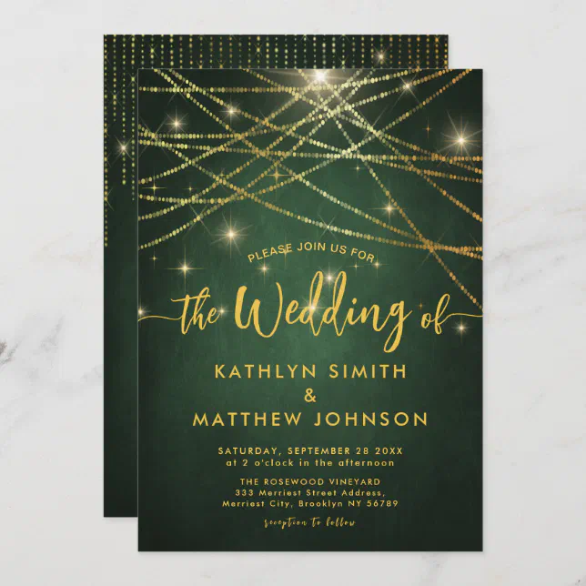 Elegant Sparkling Gold String Lights Green Wedding Invitation | Zazzle